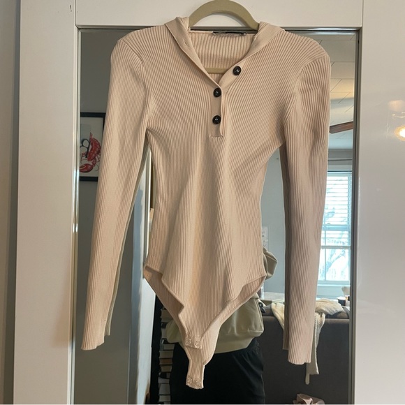 Zara | Tops | Zara Cream Bodysuit Ribbed With Hood Like New Condition | Poshmark